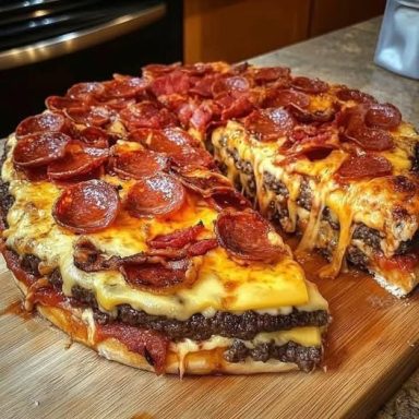 Giant Burger-Pizza with Meat, Cheese, and Bacon Slices - Favorite ...